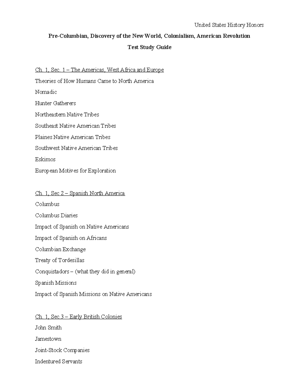 U.S. History Honors Test Study Guide: Ch. 1-3 Key Concepts - Studocu