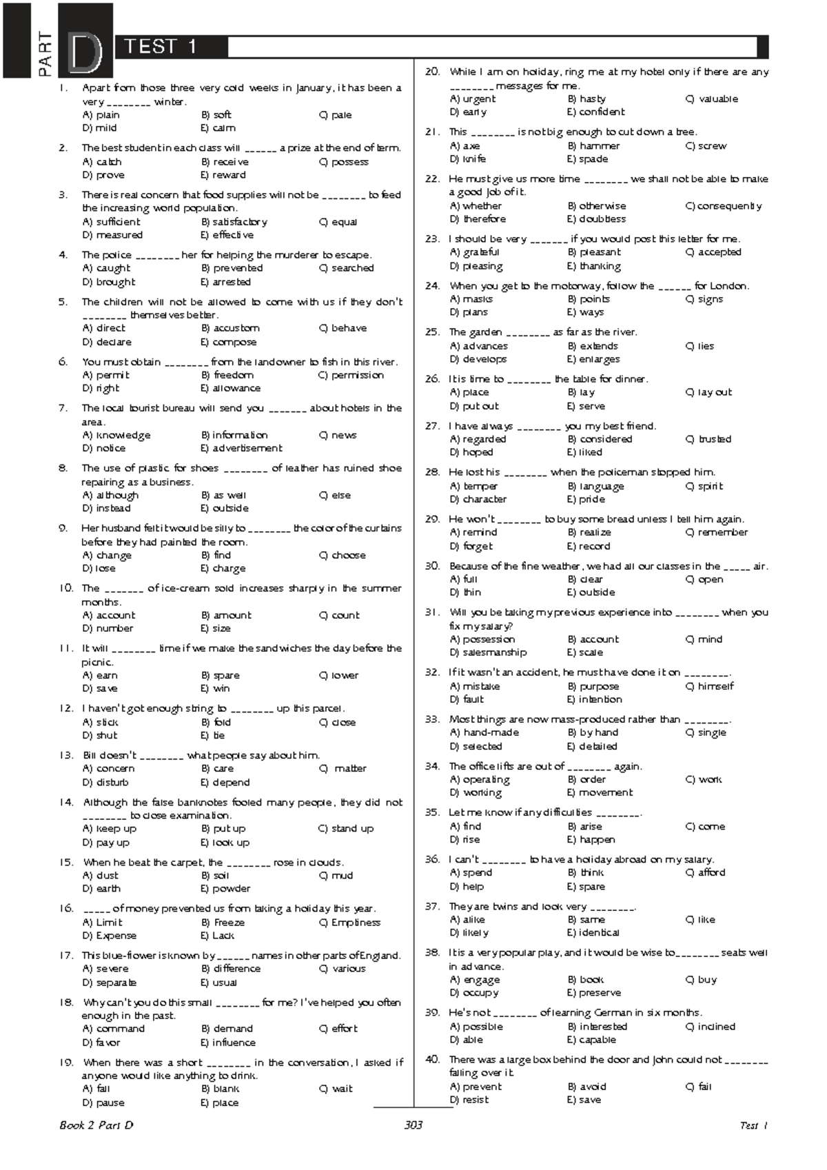 Vocabulary Test 1 (Course Code: Vocab101) - Questions and Answer Key ...