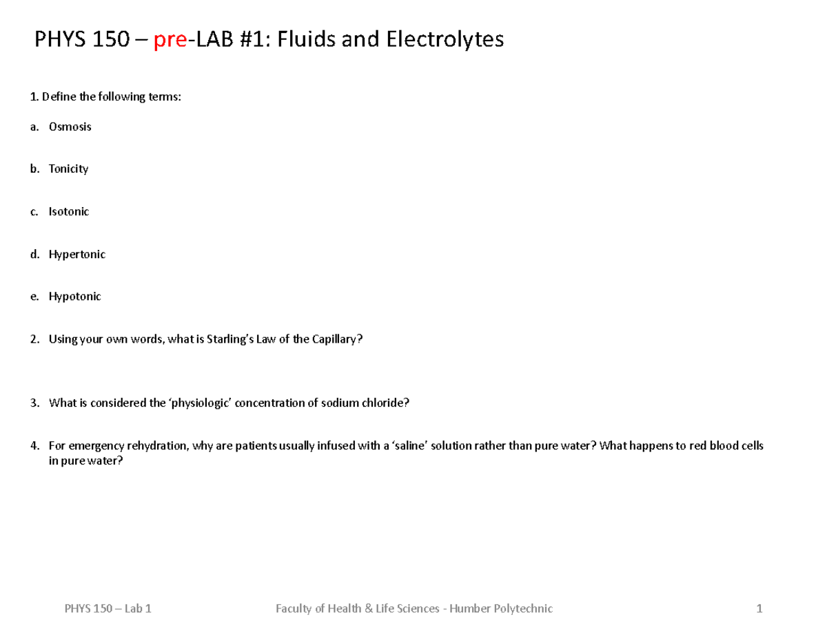 PHYS 150 Lab 1: Understanding Fluids and Electrolytes in W2026 - Studocu