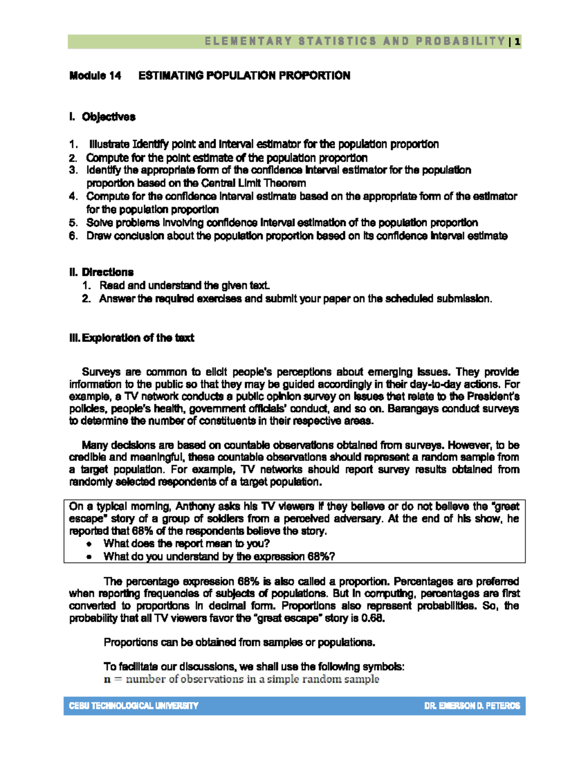 Estimating Population Proportion in Elementary Statistics 1 (Module 14 ...