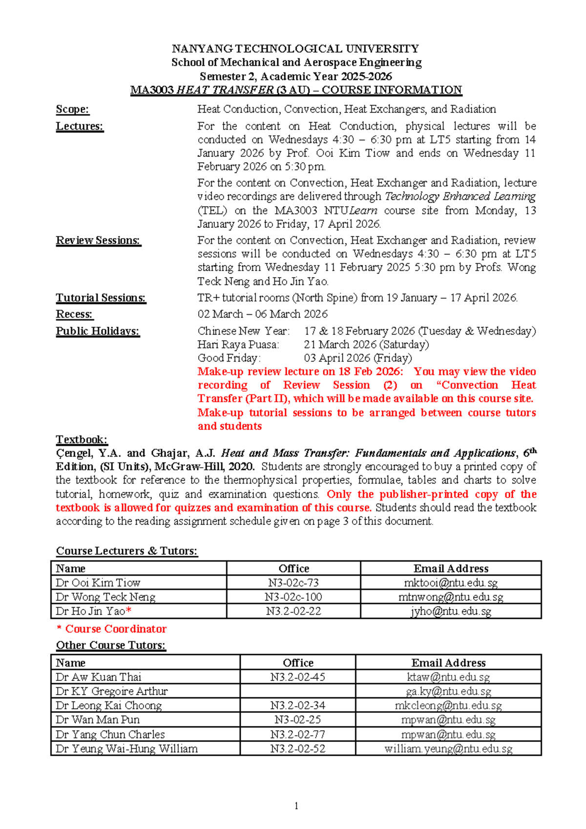 Course Info for MA3003 Heat Transfer (Semester 2, AY2025-26) - Studocu