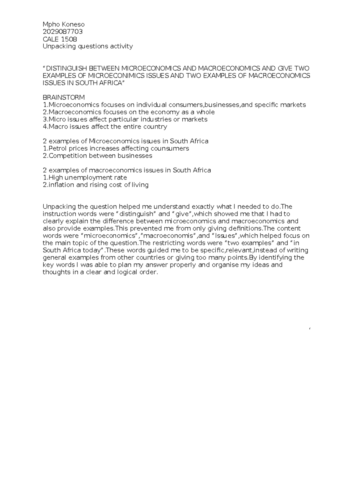 Unpacking Micro vs Macro Economics: CALE 1508 Activity Insights - Studocu