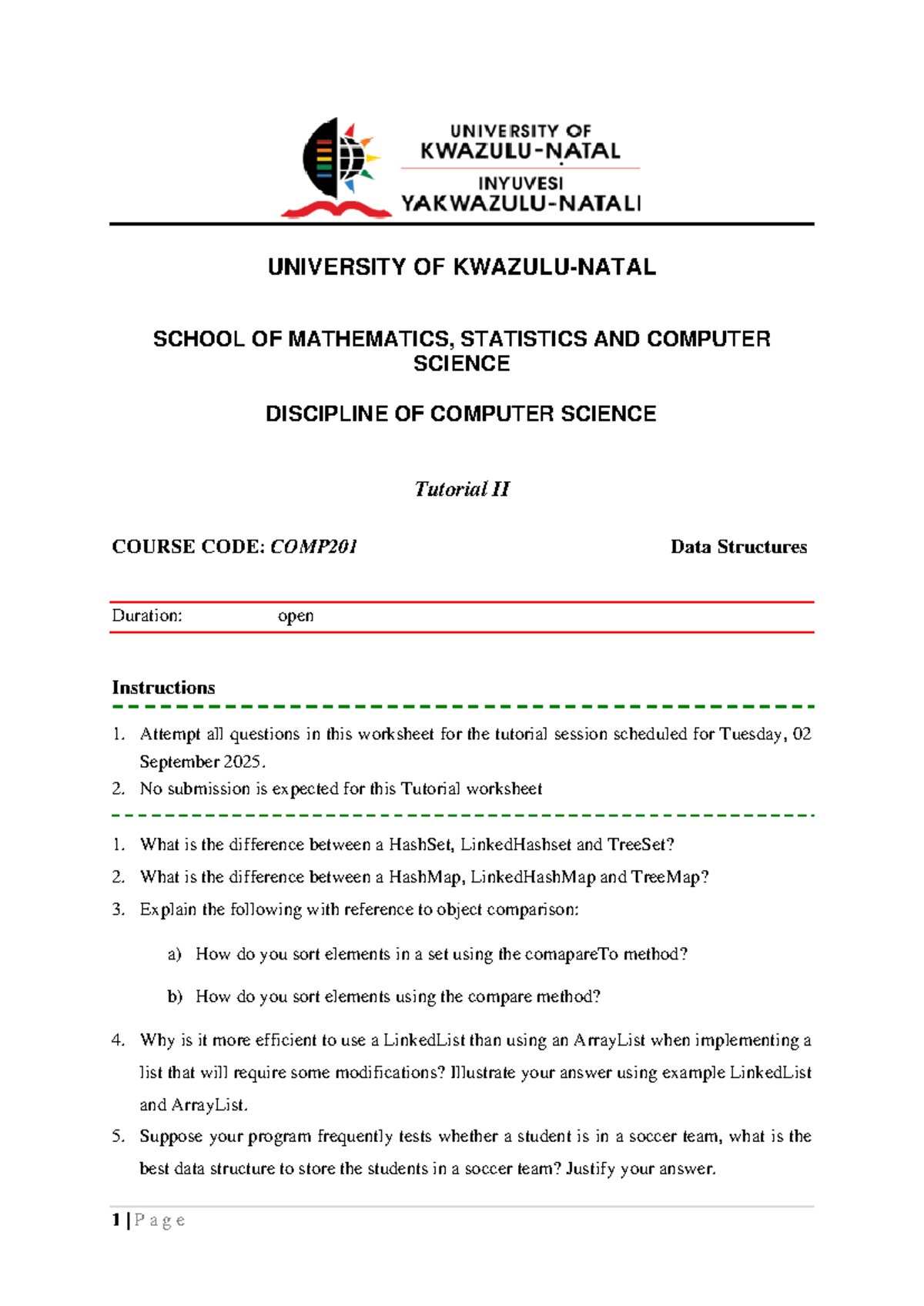 Tutorial II - COMP201 Data Structures Worksheet - Studocu