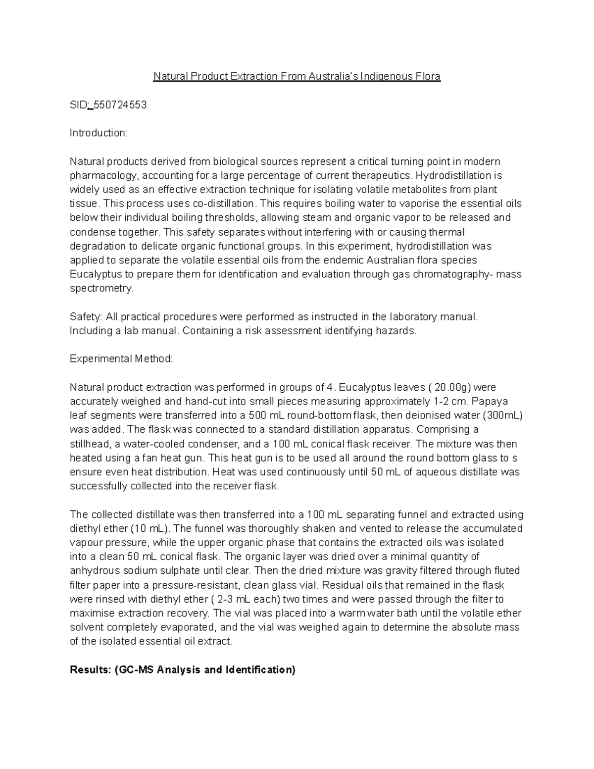 Natural Product Extraction from Eucalyptus: Lab Report PHARM 550724553 ...