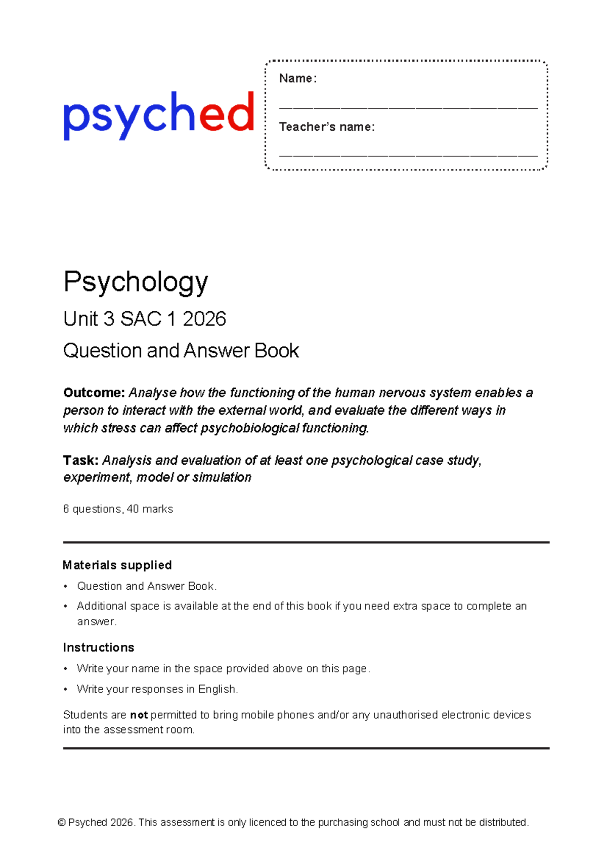 Psyched Unit 3 SAC 1 2026 - Nervous System & Stress Analysis Q&A - Studocu