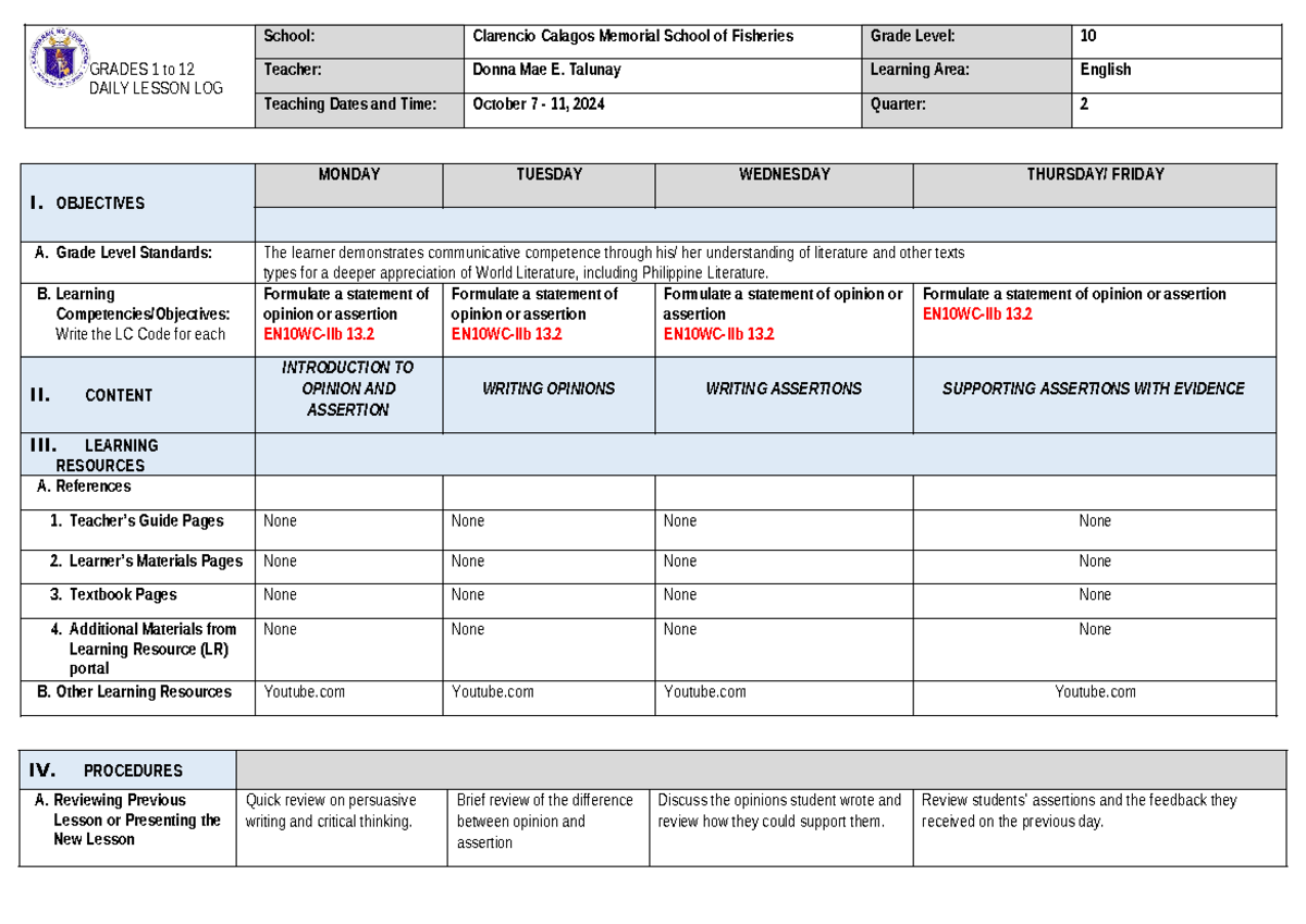 WEEK 2 - GRADE 10 ENGLISH LESSON PLAN: OPINION & ASSERTION WRITING ...