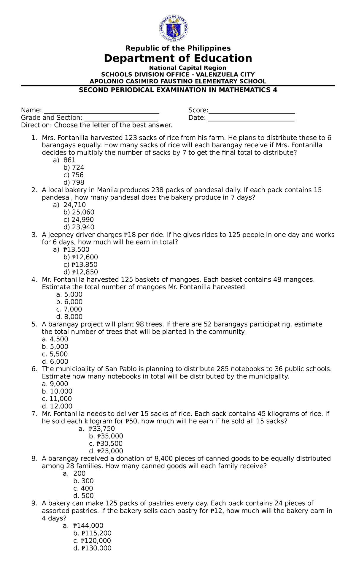 PT G4 Matatag Mathematics 4 Q2 - Republic of the Philippines Department ...