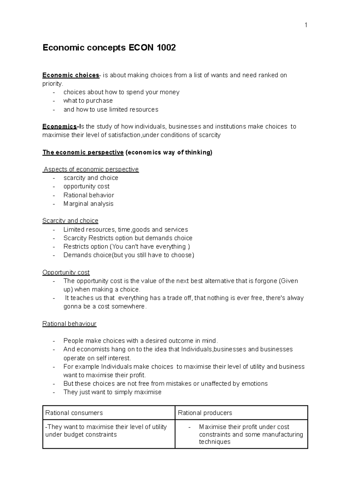 Economics concepts - notes on the first lecture slides - 1 Economic ...