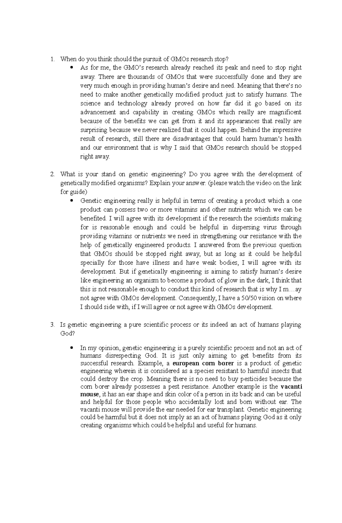 1 - Essay Notes on GMO Research and Genetic Engineering Ethics - Studocu