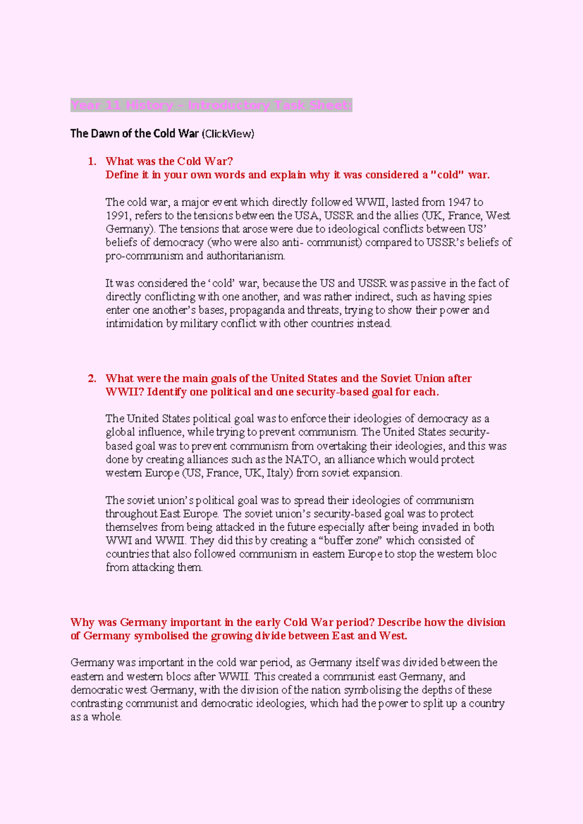 Year 11 History Task Sheet: The Dawn of the Cold War (Intro) - Studocu