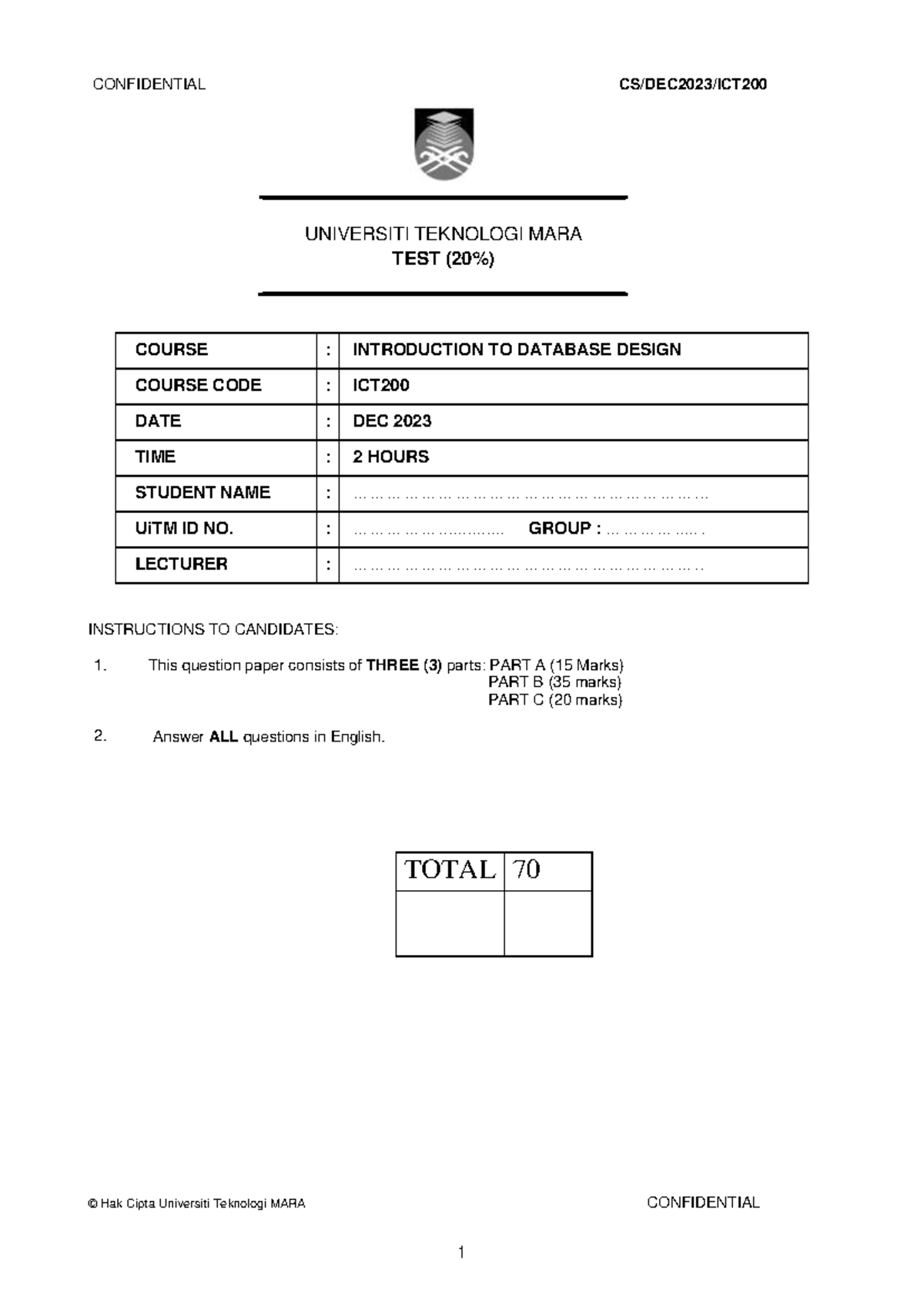 2023 DEC ICT200 Test Q - Soalan untuk Pengenalan Rekabentuk Pangkalan ...