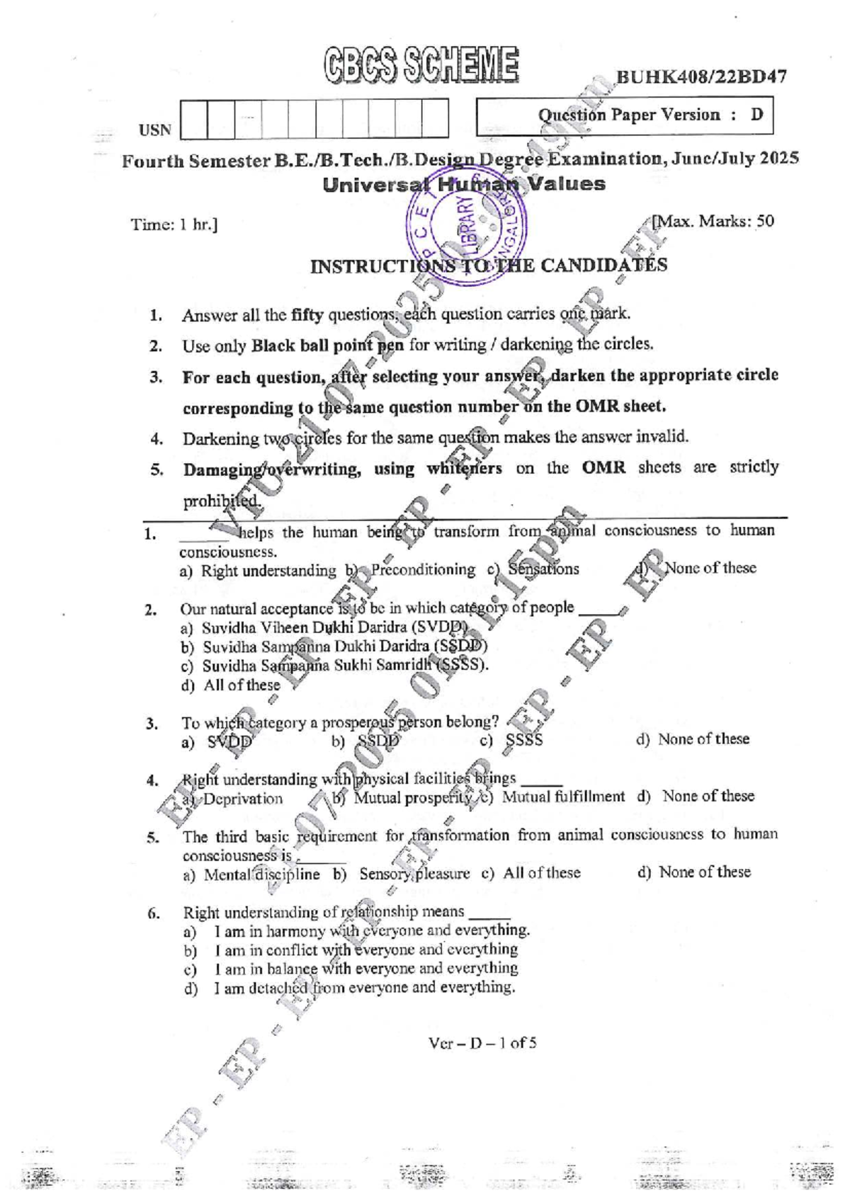 BUHK408 Fourth Semester Exam: Universal Human Values Question Paper ...