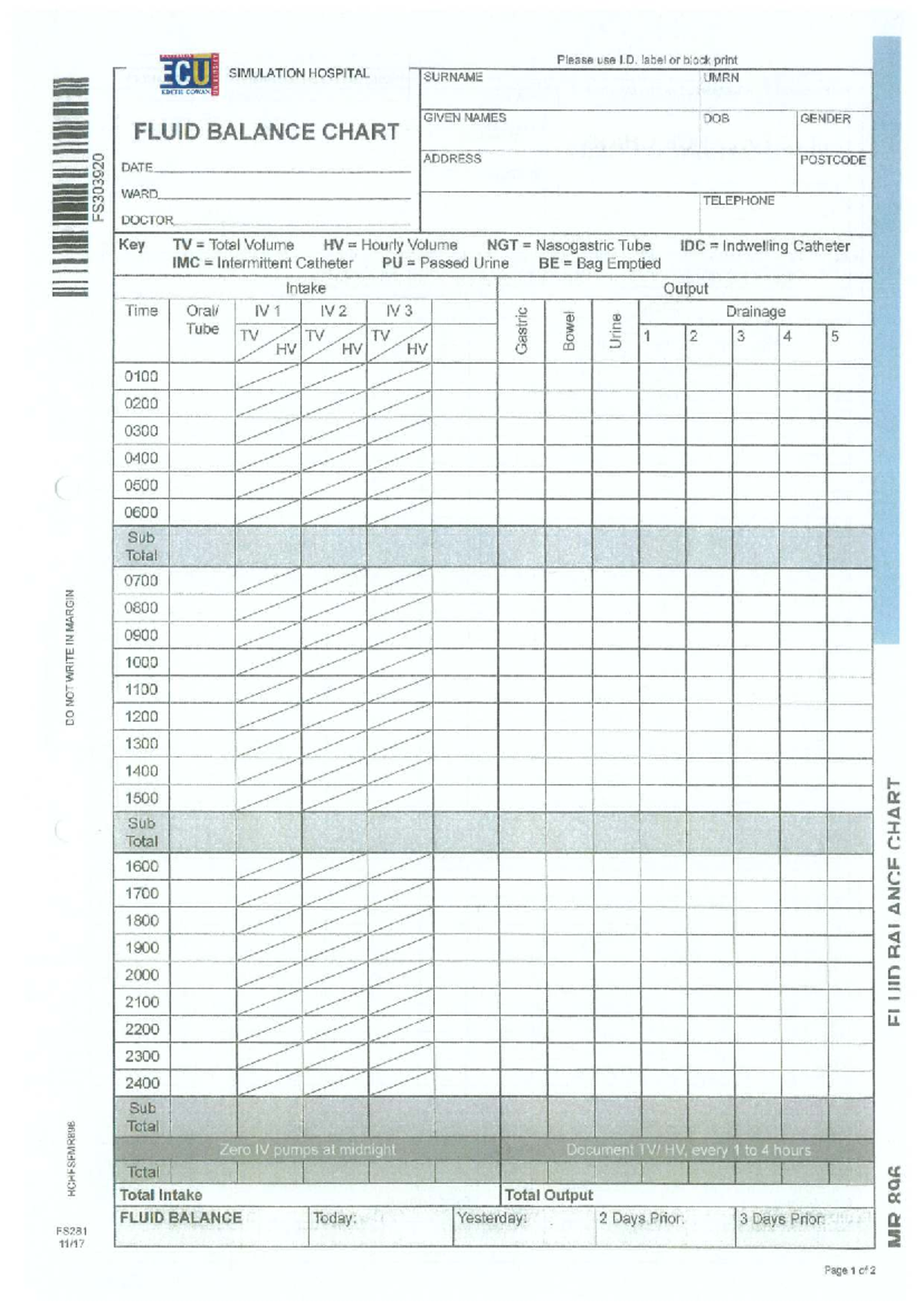 Fluid Balance Chart (FBC) - ECU FS281 Simulation Hospital - Studocu