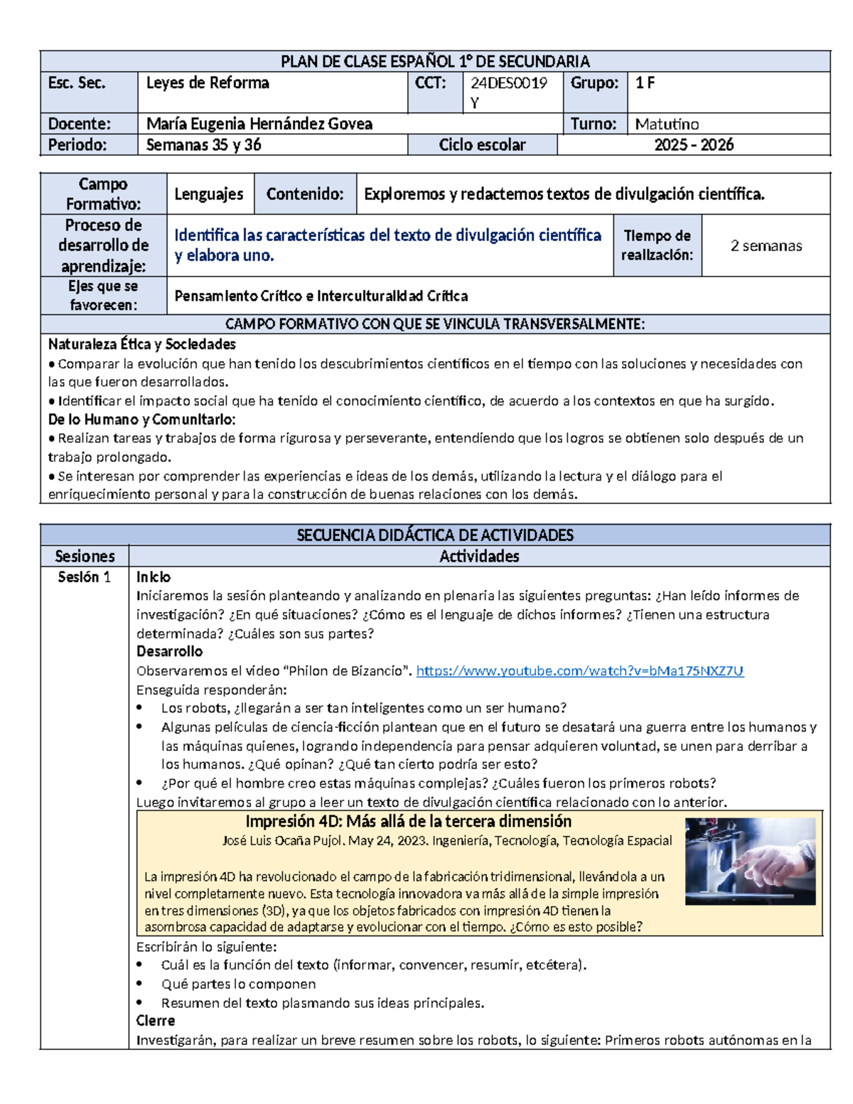 PLAN DE CLASE: TEXTOS DE DIVULGACIÓN CIENTÍFICA - ESPAÑOL SECUNDARIA ...