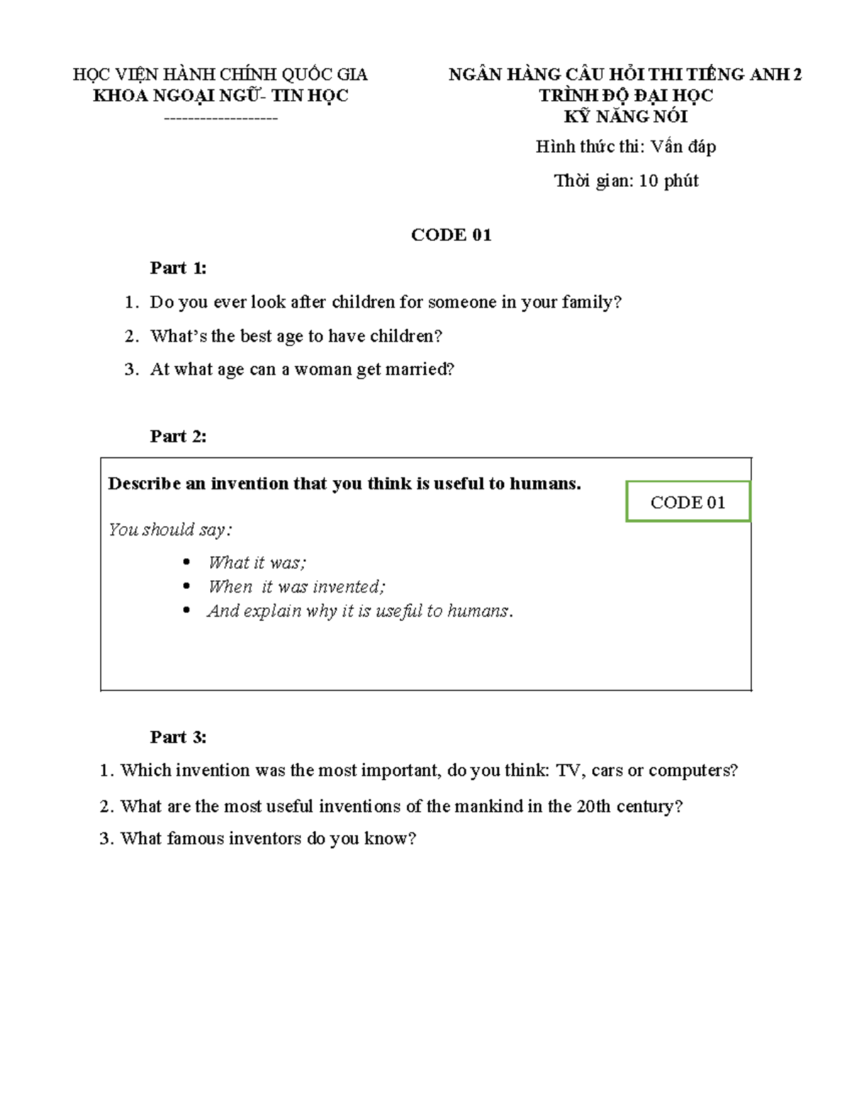 Câu Hỏi Thi Nói Tiếng Anh 2 - Trình Độ Đại Học (CODE 01-14) - Studocu