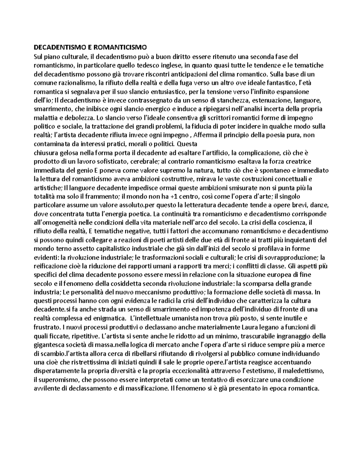 Decadentismo e Romanticismo: Analisi Culturale e Tematica - Studocu