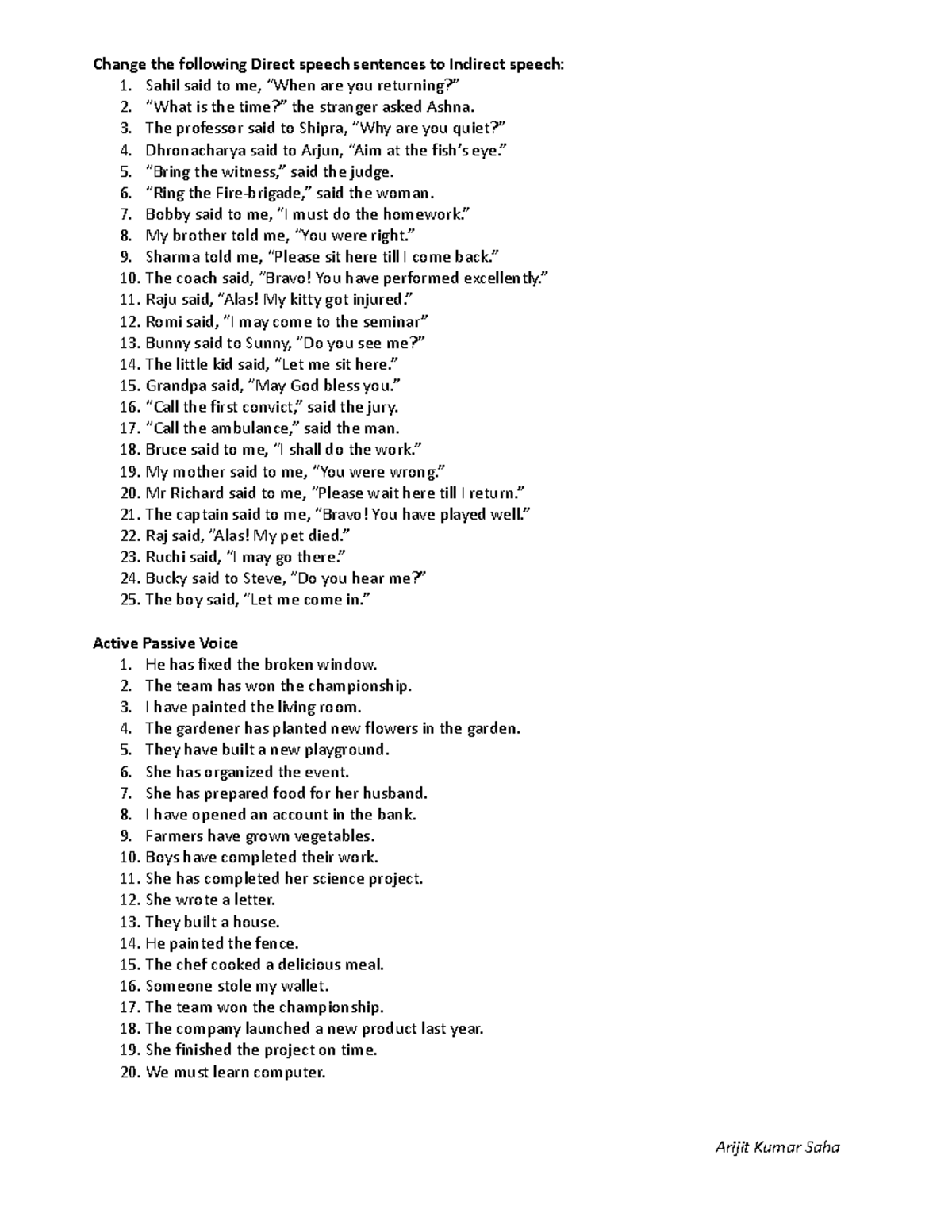 Revision 1: Direct to Indirect Speech & Active to Passive Voice - Studocu