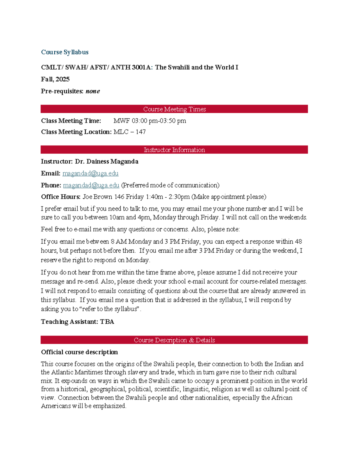 Syllabus for ANTH 3001A: The Swahili and the World I - Fall 2025 - Studocu