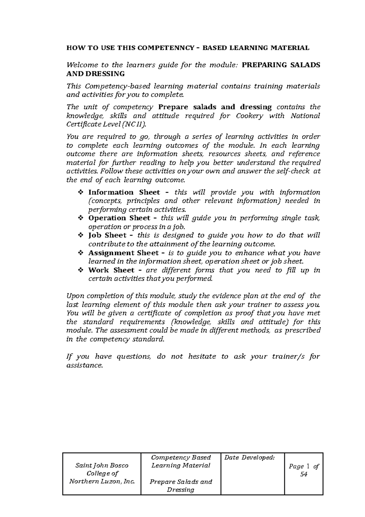 Competency-Based Learning Material: Prepare Salads & Dressing (TRS ...