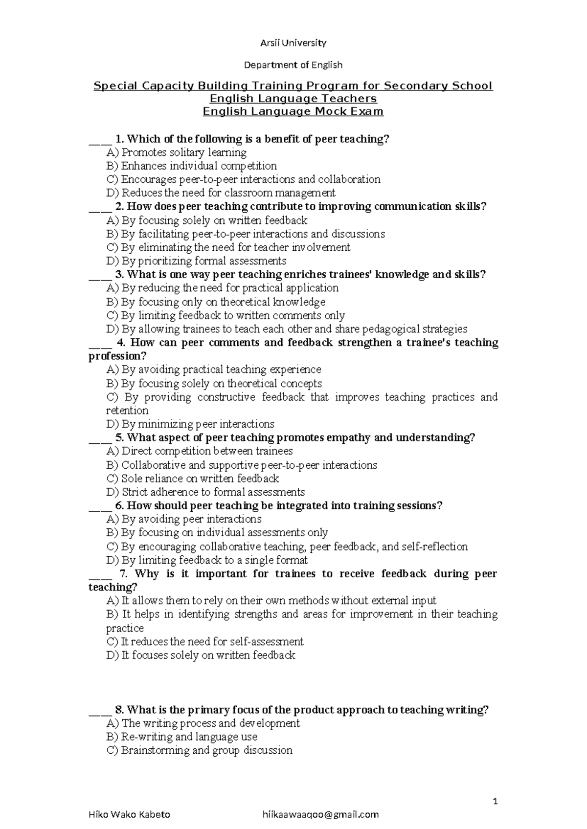 Arsii University English Language Mock Exam 1: Peer Teaching Insights ...