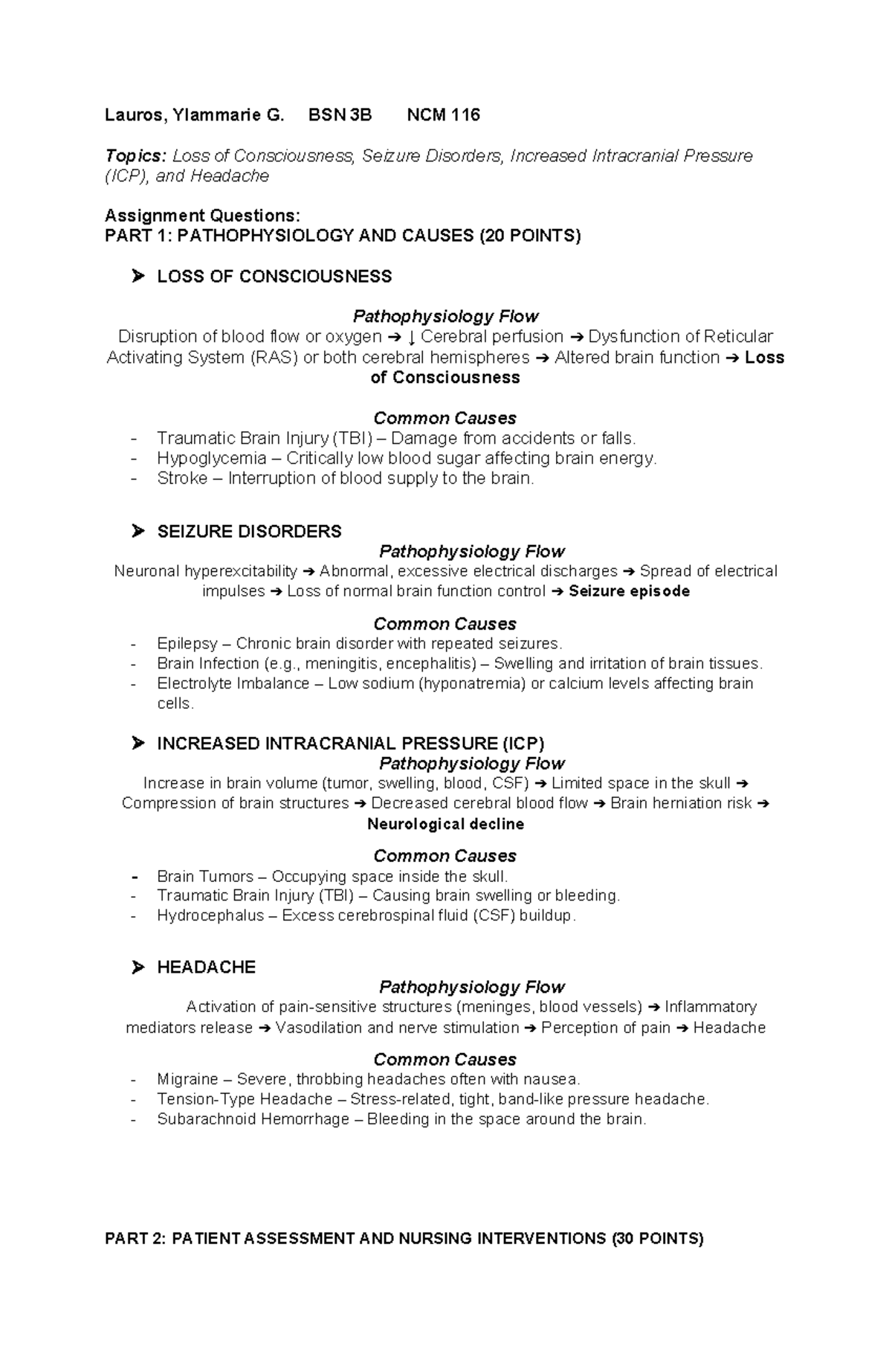 NCM 116 Final Exam: Loss of Consciousness, Seizure Disorders, and ICP ...