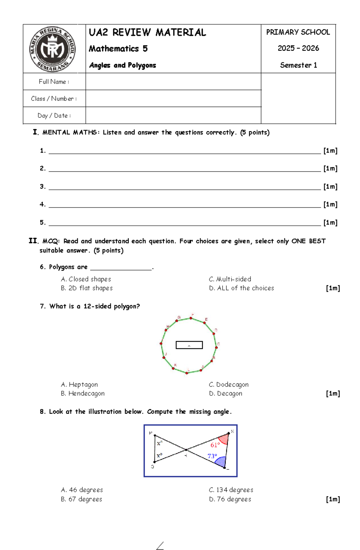 P5 UA2 Review Material - Angles & Polygons Semester 1 - Studocu