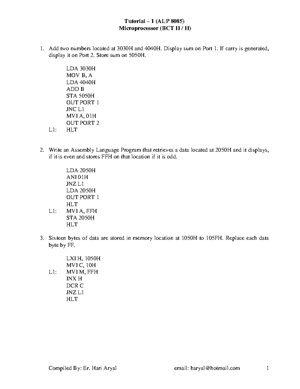 Micro 85 Solved Tutorial (ALP 8085) - Assembly Language Programs - Studocu
