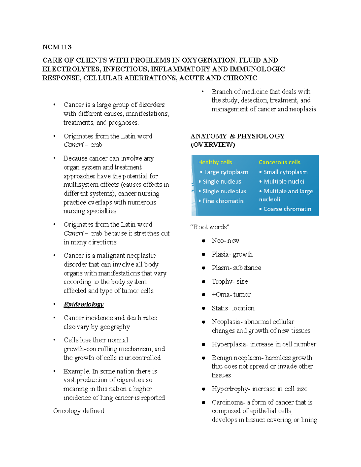 NCM 113 Final Exam Study Notes on Cancer Care and Nursing Interventions ...