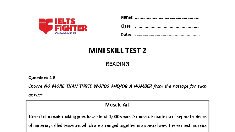 MINI SKILL TEST 2 - IELTS PRE 1 & 2 Reading Questions - Studocu