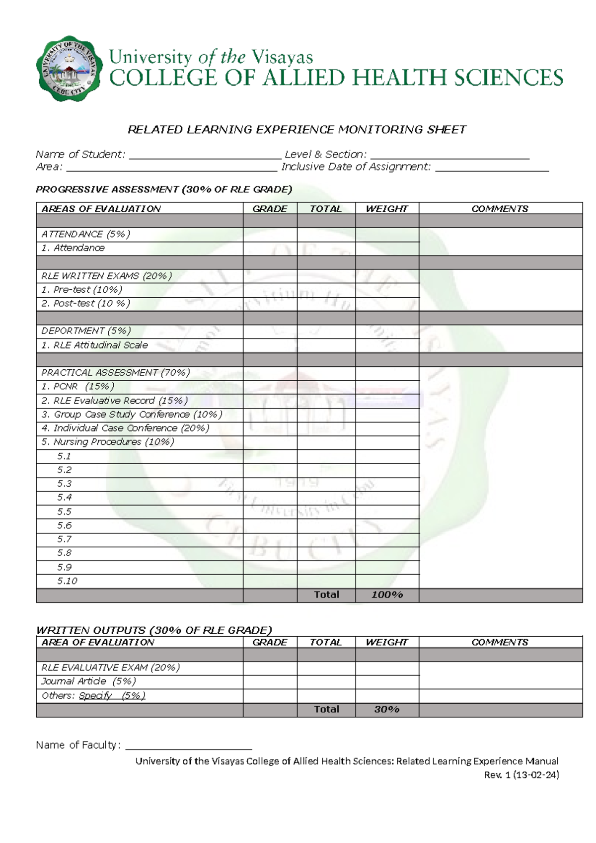 Sheet NEW Letterhead - RELATED LEARNING EXPERIENCE MONITORING SHEET ...
