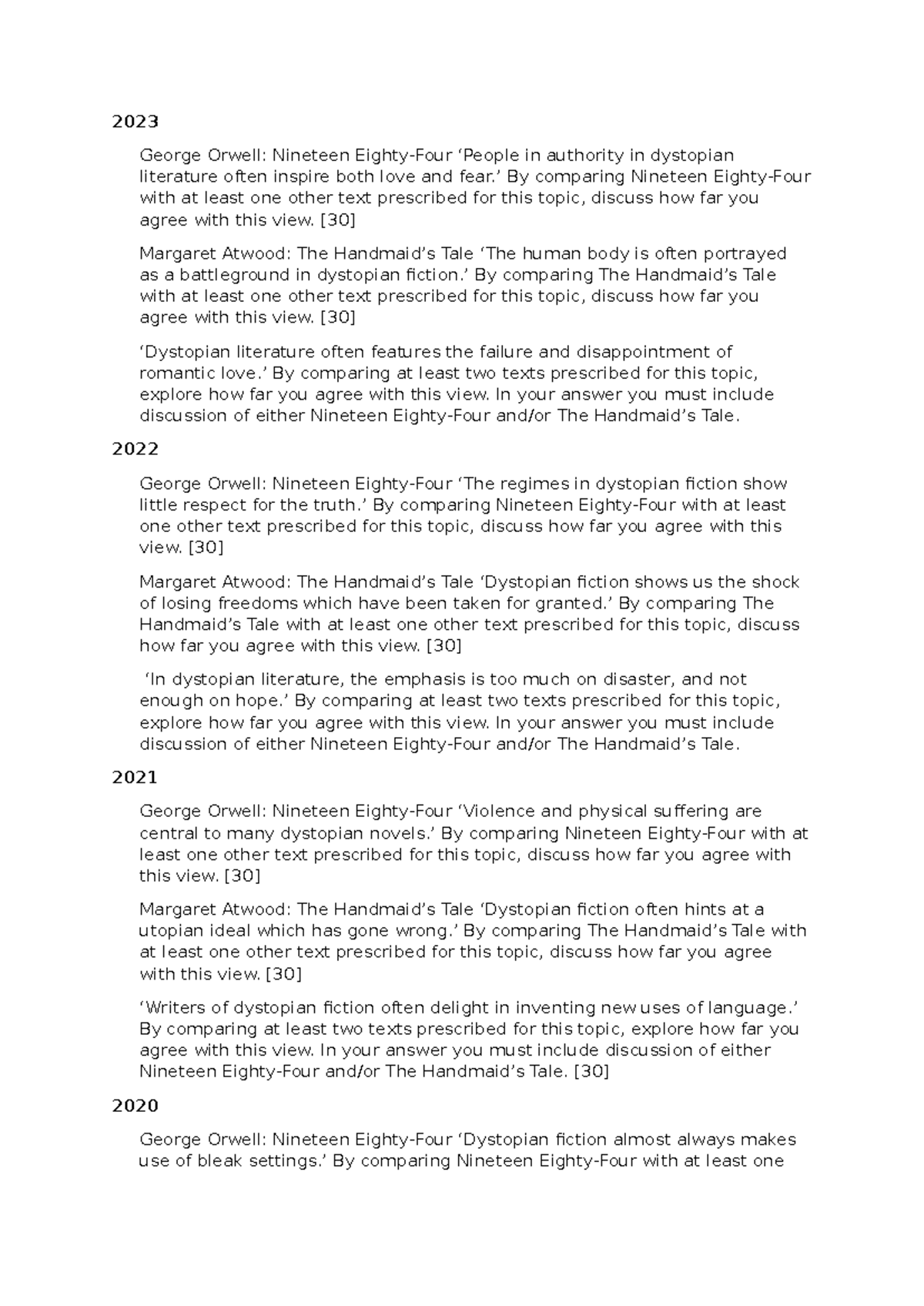 OCR A Level Dystopian Literature: Past Exam Questions Analysis - Studocu