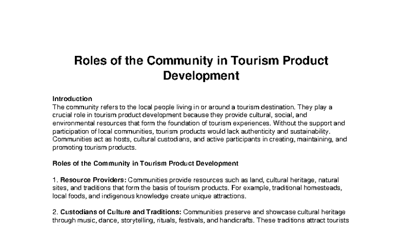 Roles of Community in Tourism Product Development: Insights and Examples - Studocu