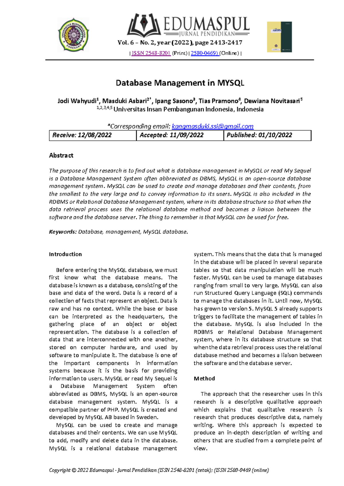 Database Management Education in MySQL: Insights and Applications - Studocu