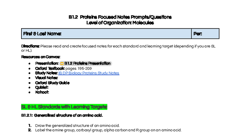B1.2 Proteins Focused Study Notes for IB DP Biology - Studocu