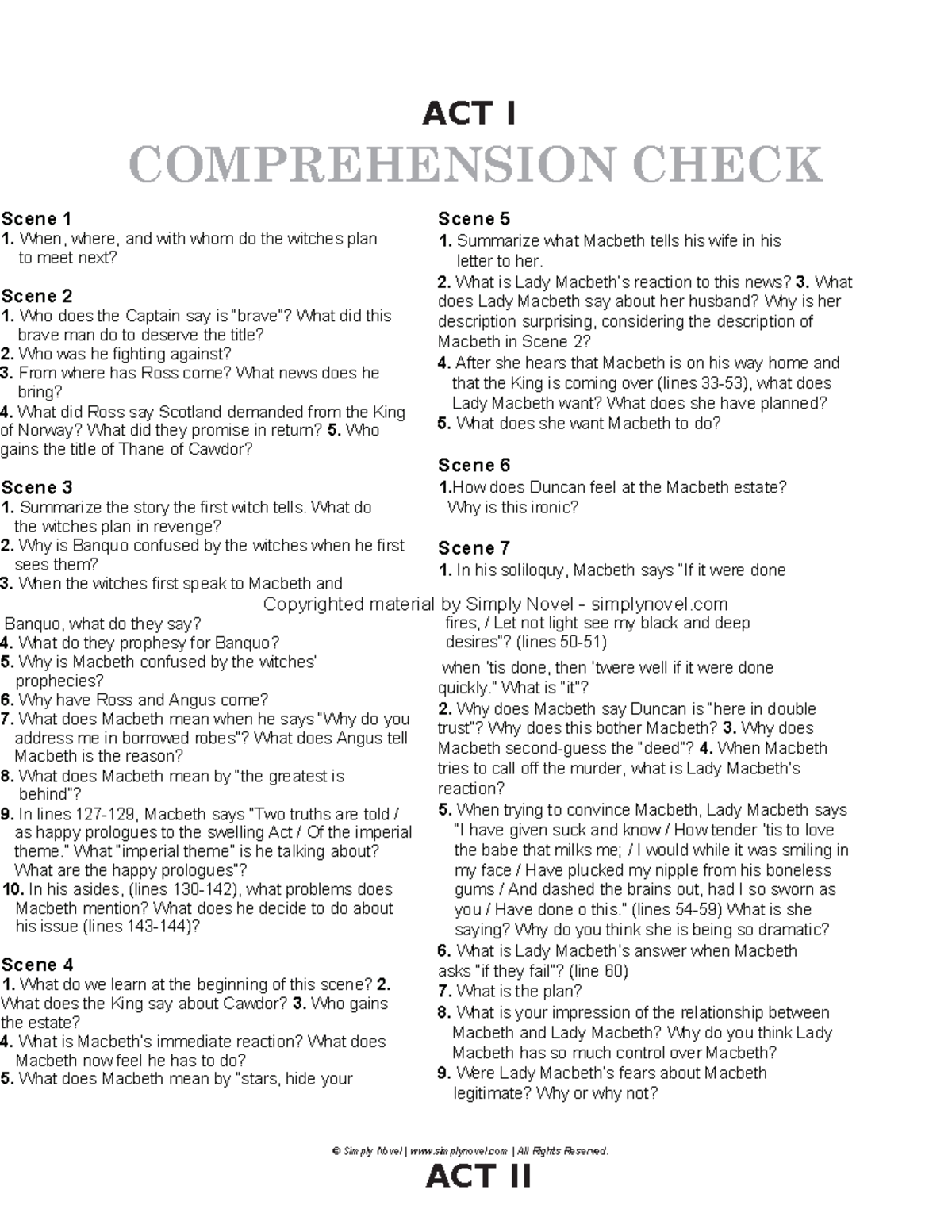 ACT I-IV MACBETH COMPREHENSION CHECK QUESTIONS - Studocu