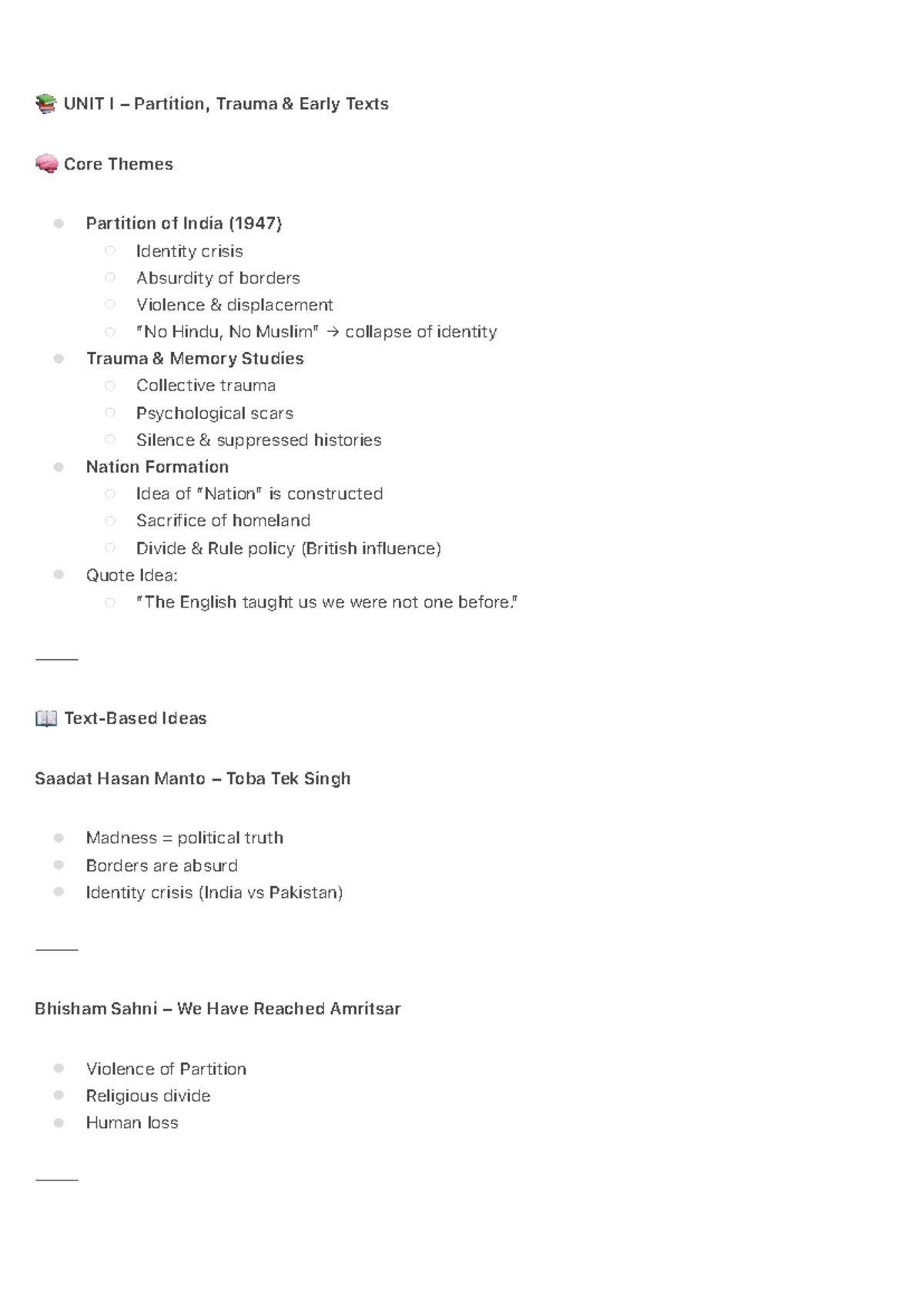 📚 UNIT I – Partition, Trauma & Early Texts: Core Themes & Key Ideas ...