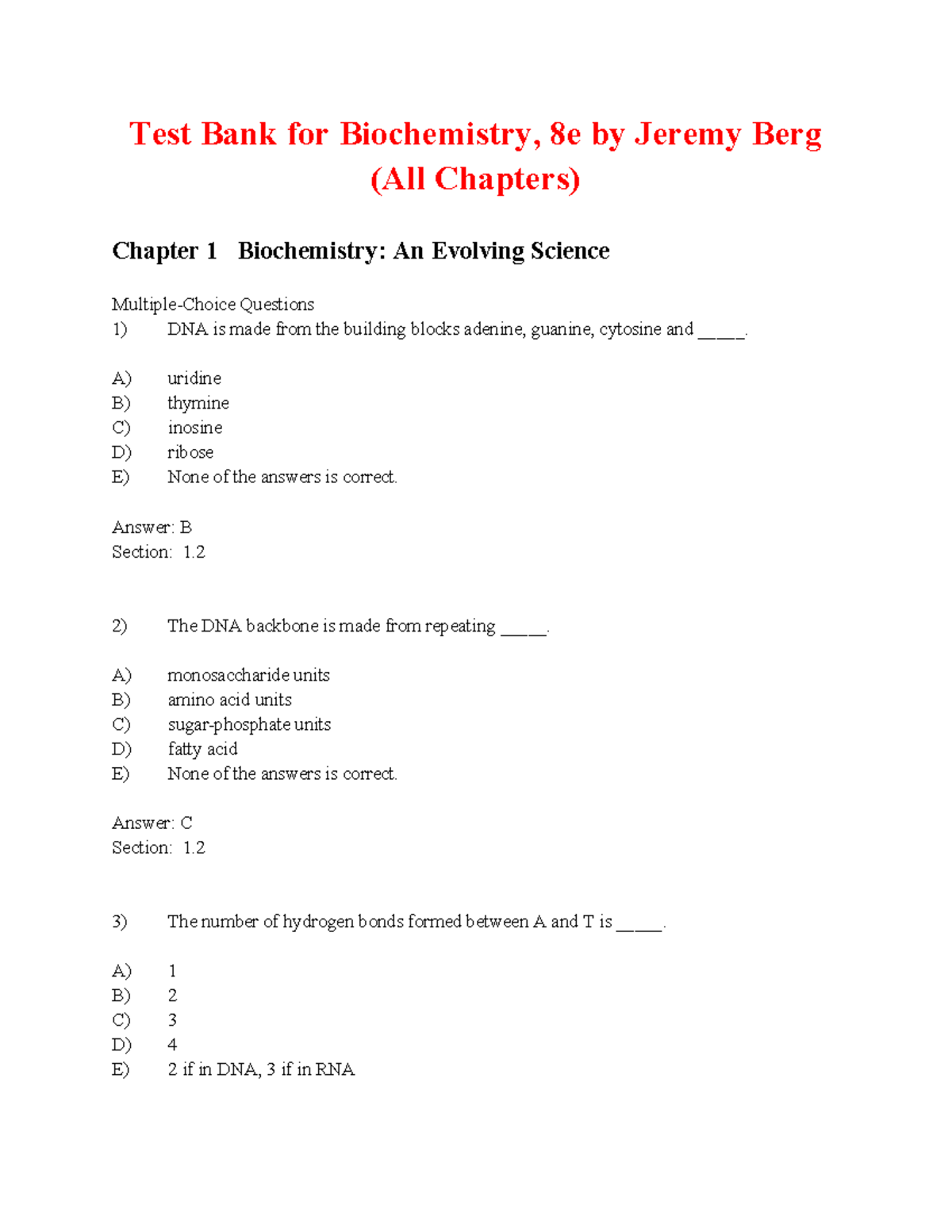 Test Bank for Biochemistry 8e: Chapter 1 Questions & Answers - Studocu