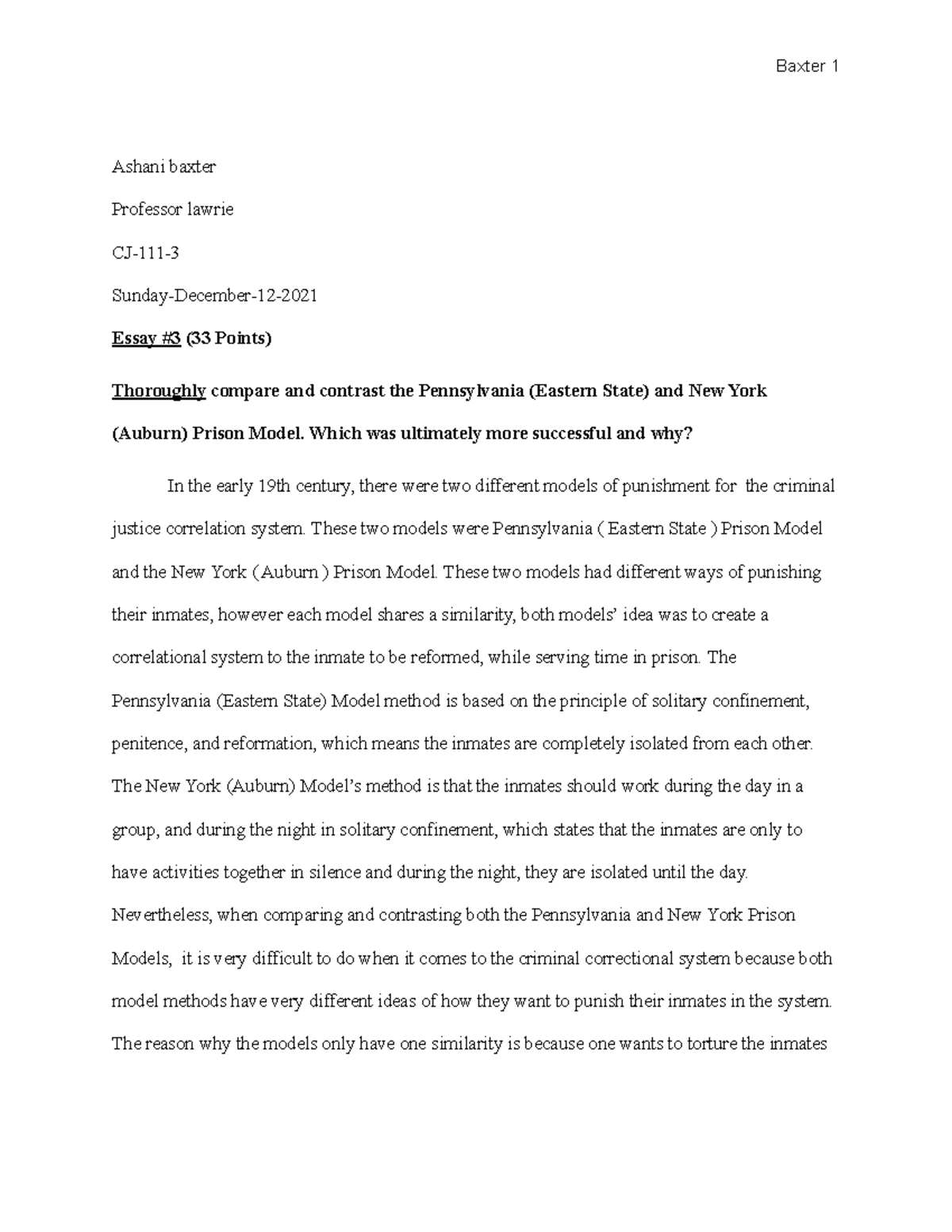 CJ-111 Essay #3: Comparing the Pennsylvania and New York Prison Models ...