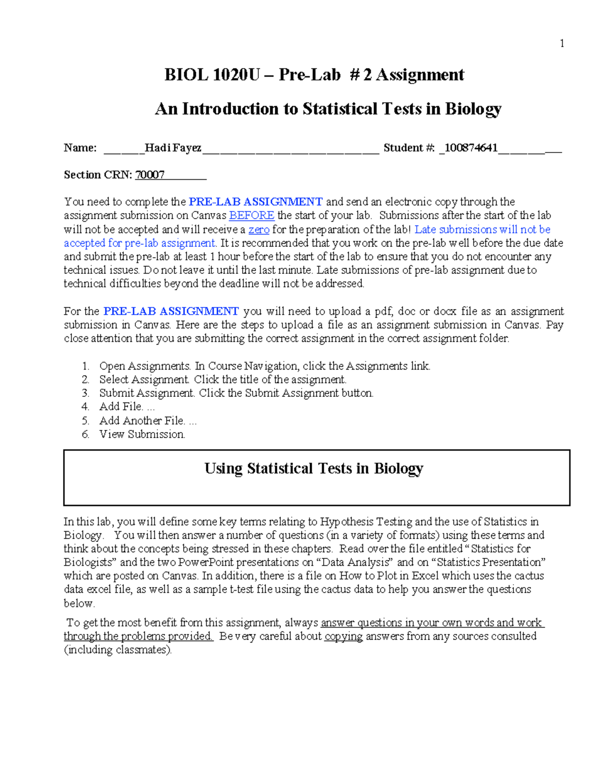 Lab 2 Pre-lab Assignment: Statistical Tests in BIOL 1020U - Studocu