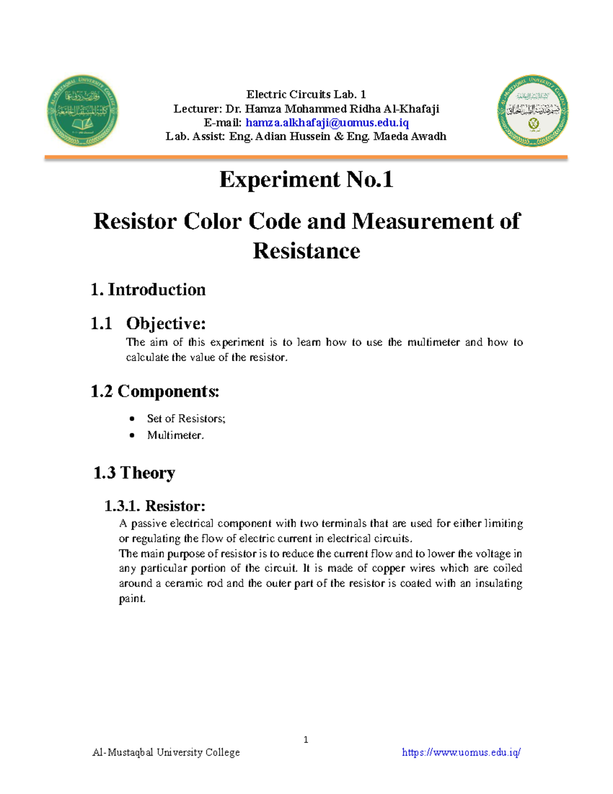 MUCLecture 2022: Electric Circuits Lab 1 - Resistor Color Code & Measurement - Studocu