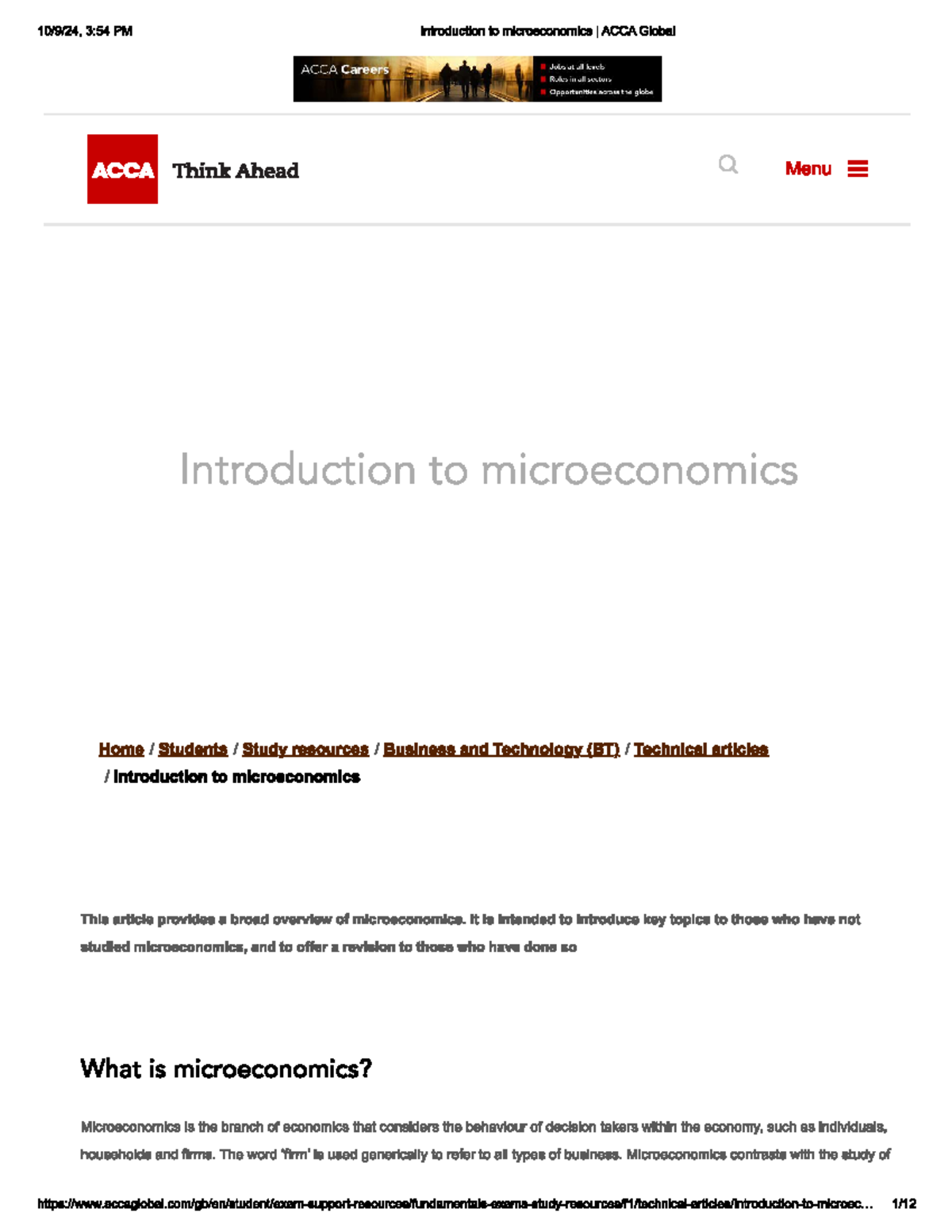 ACCA Microeconomics I Overview: Key Concepts and Theories - Studocu
