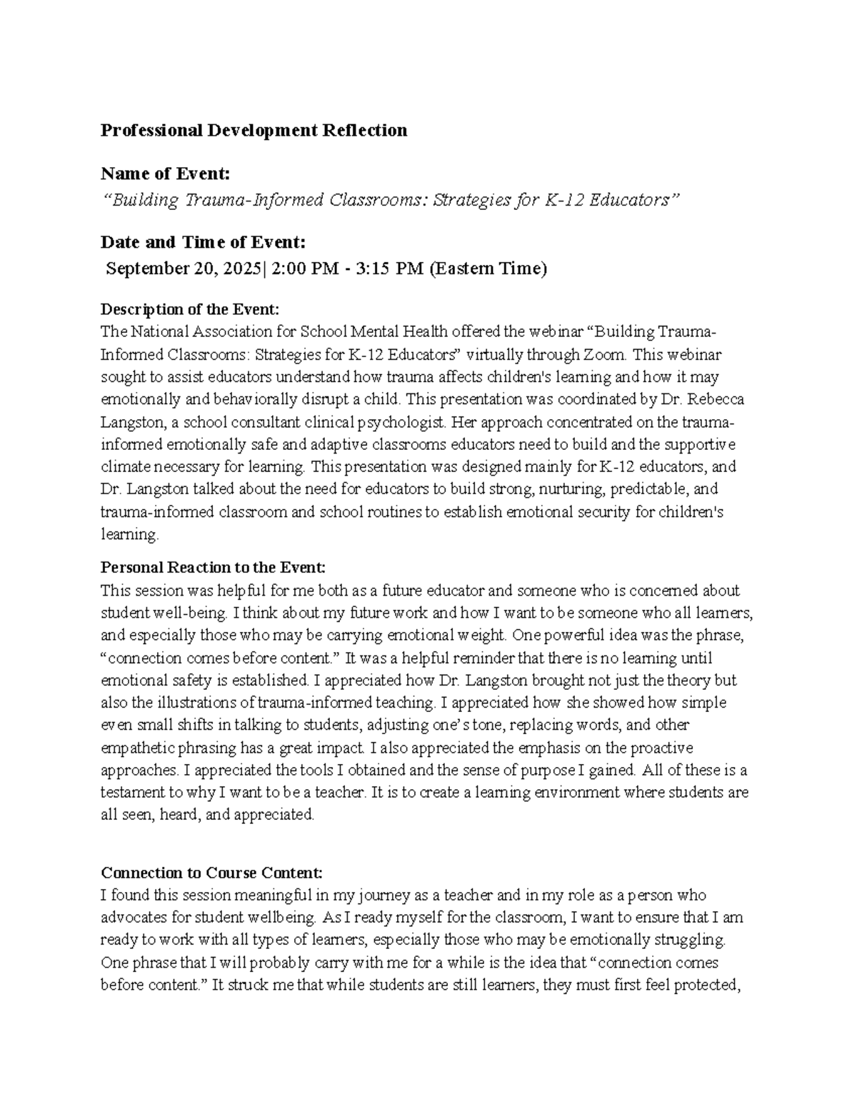 Professional Development Reflection: Trauma-Informed Classrooms ...