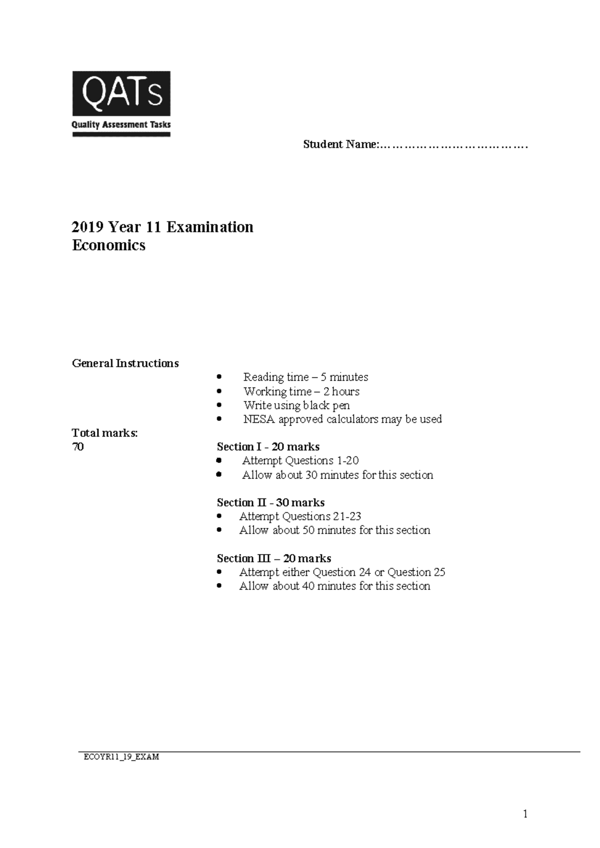 ECOYR11_19_EXAM - Year 11 Economics Exam Instructions & Questions - Studocu