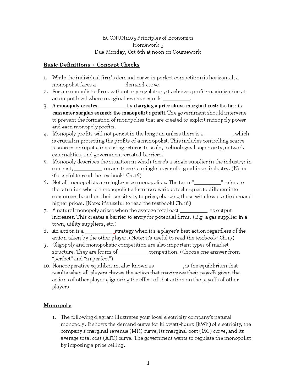 ECONUN1105 Principles of Economics Homework 3: Monopoly & Oligopoly ...