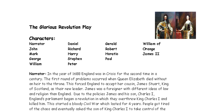 The Glorious Revolution Play Characters & Key Events (HIST 2024) - Studocu