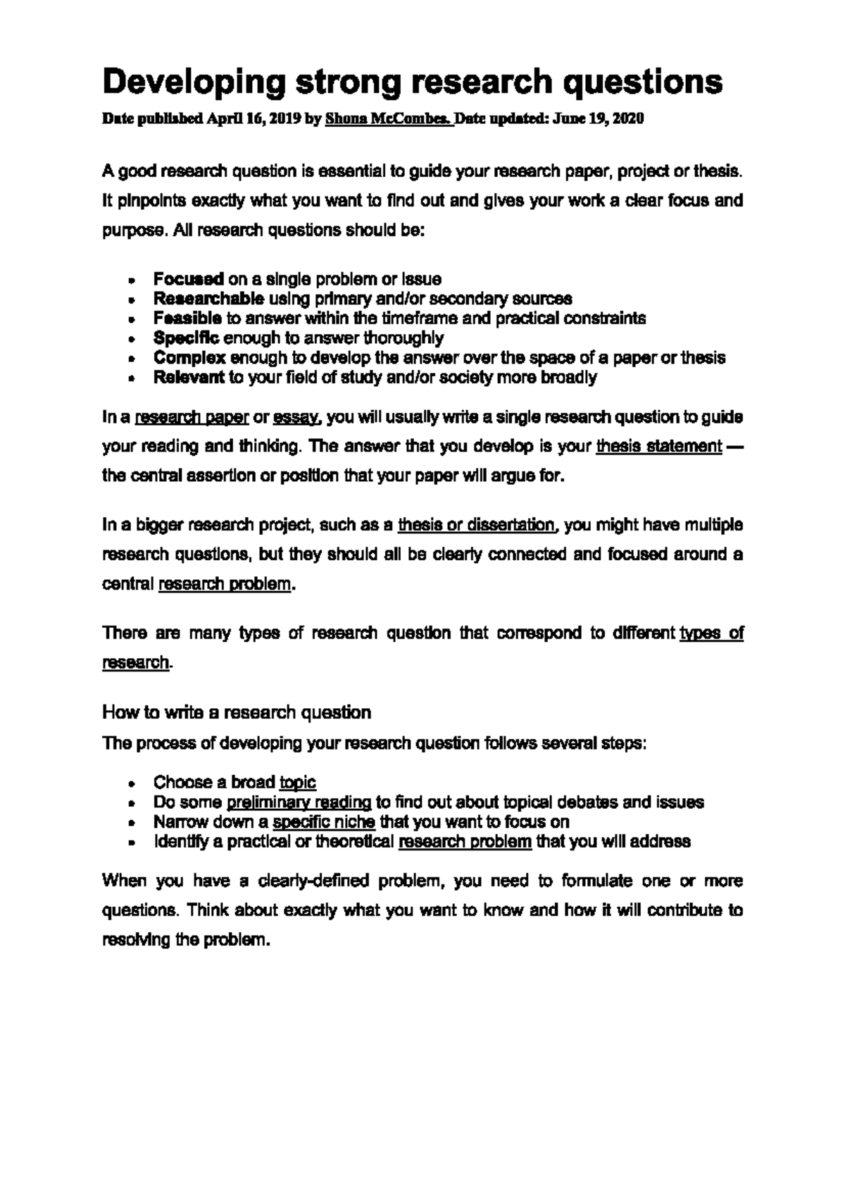 Developing Strong Research Questions for Your Research Project - Studocu