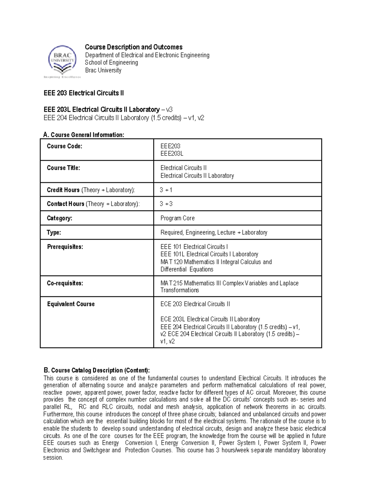 EEE 203 Electrical Circuits II Course Description and Outcomes - Studocu