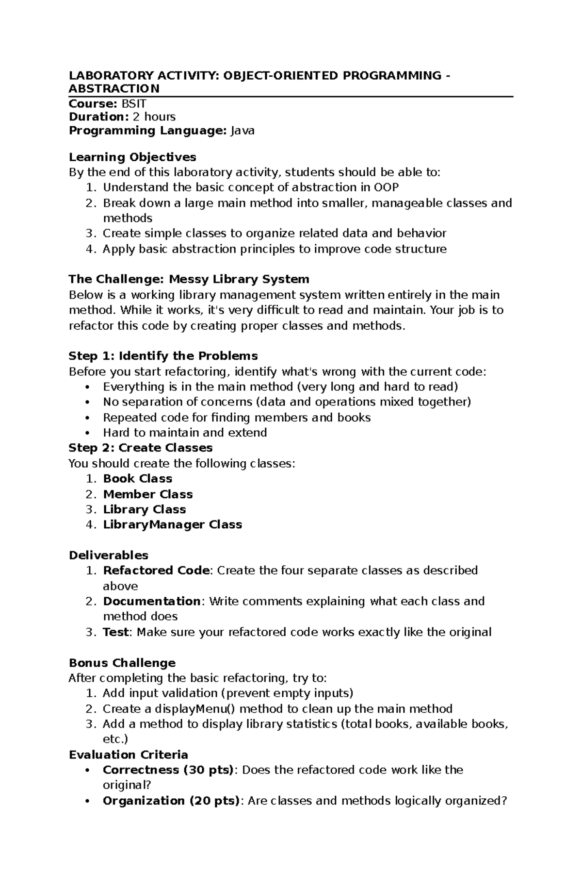 Laboratory Activity: Programming Abstraction (BSIT) - Studocu