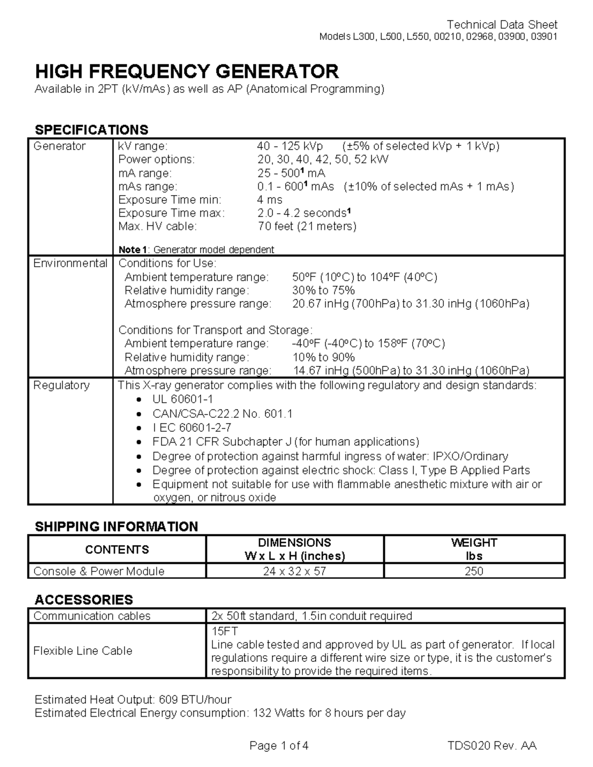 Technical Data Sheet: High Frequency Generator Models L300, L500, L550 ...