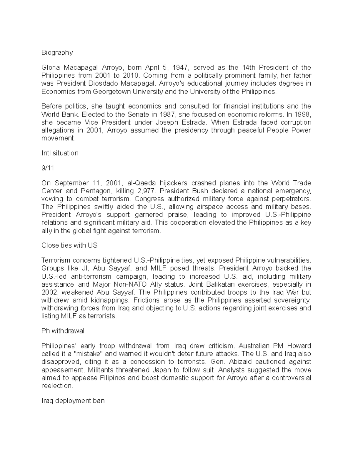 Biography of Gloria Macapagal Arroyo: 14th President of the Philippines - Studocu